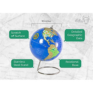 Bullseye Office - Magnetic Scratch Off World Globe (Lacquer Finish) - 10" Magnetic Standing World Globe with Magnetic Pins - Perfect as Office Desk Globe, Classroom Globe, or Travelers Globe (Blue)