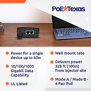 Poe Texas PoE Injector - 802.3bt PoE++ Single Port 4 Pair Power Over Ethernet Injector - 6KV Surge Protection - Active PoE Adapter 55V 60W Output - 10/100/1000 Gigabit Data - Wall Mount Plug & Play