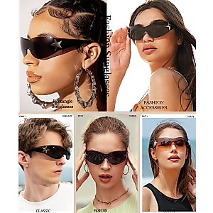 Dollger Trendy Y2K Sunglasses Women Men Rimless Wrap Around Sunglasses Fufuristic Y2K Star Fashion Visor 2000 Glasses Shield Black Shades