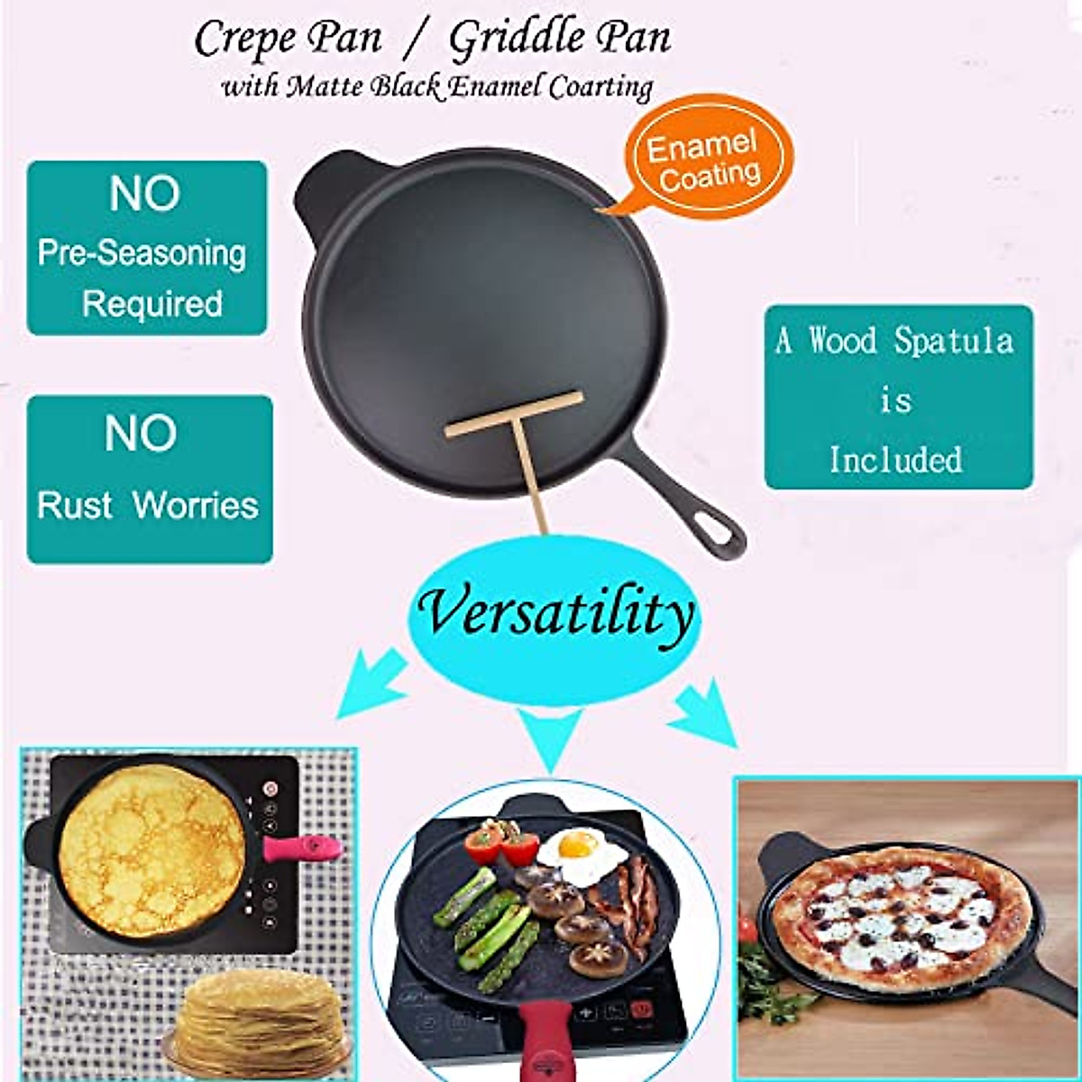 La Cuisine Cast Iron Crepe Pan with Wood Spreader Heat Resistant Handle Sleeve Tawa Dosa Tortilla Pan 11.8" Dia Matte Black Enamel Coating PFOA Free