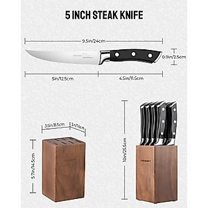 OAKSWARE Steak Knives Set of 8 with Walnut Block, 5 inch Non Serrated Steak Knife Set, 8 Pieces Straight Edge Kitchen Steak Knives - Forged German Steel - Full Tang Handle