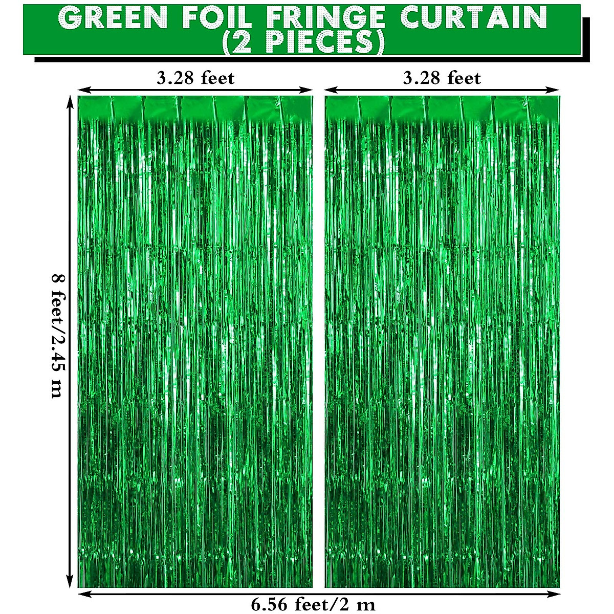 Green Fringe Curtains Backdrops 2 Pack, Foil Fringe Curtains Door Streamers for Birthday Wedding Bridal Shower Holiday Graduation Party Decorations