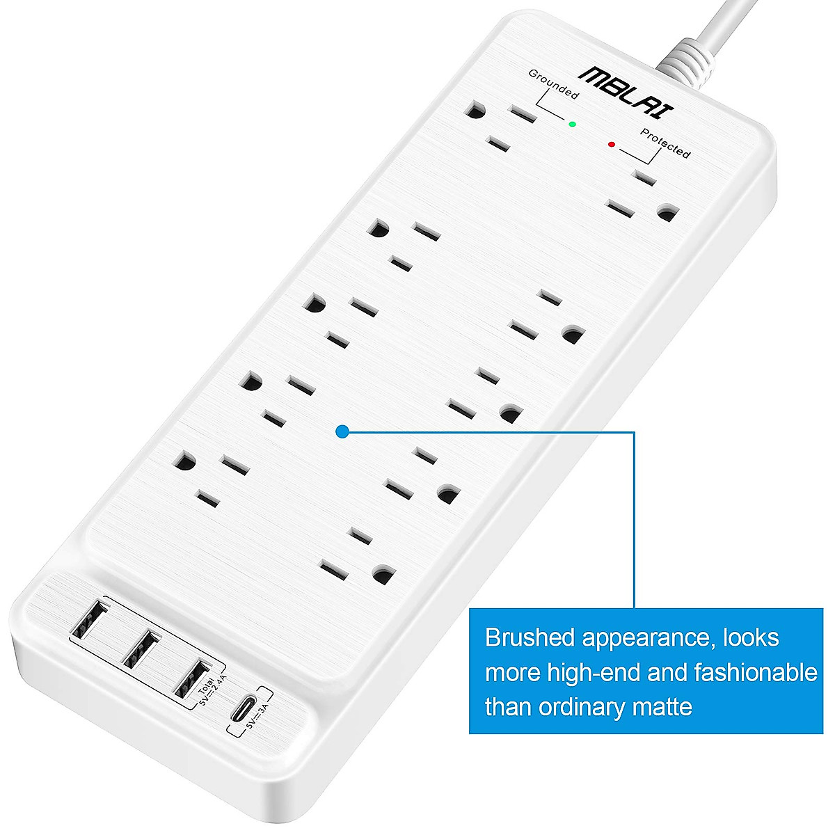 Power Strip Surge Protector with USB, Fast Charging Desktop USB C Power Strip Flat Plug with 10 AC Outlets 4 USB Ports, 1875W/15A, 8ft Extension Cords Outlet Strip for Home Office