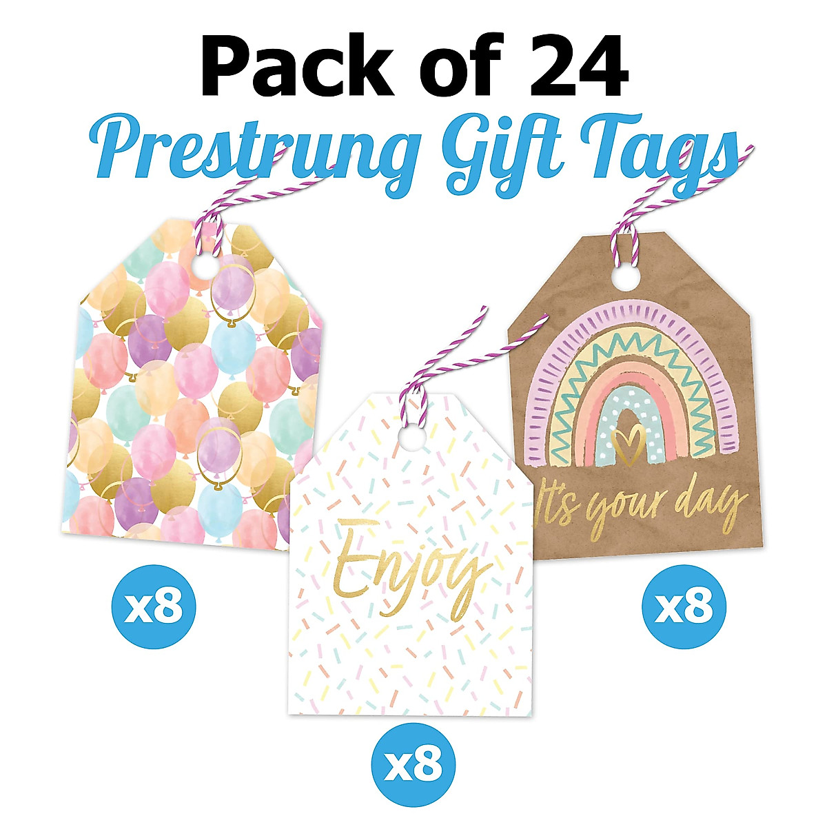 Pro Supply Global Pre Strung Gift Tag Variety Pack (Birthday Balloons, 24 Count)