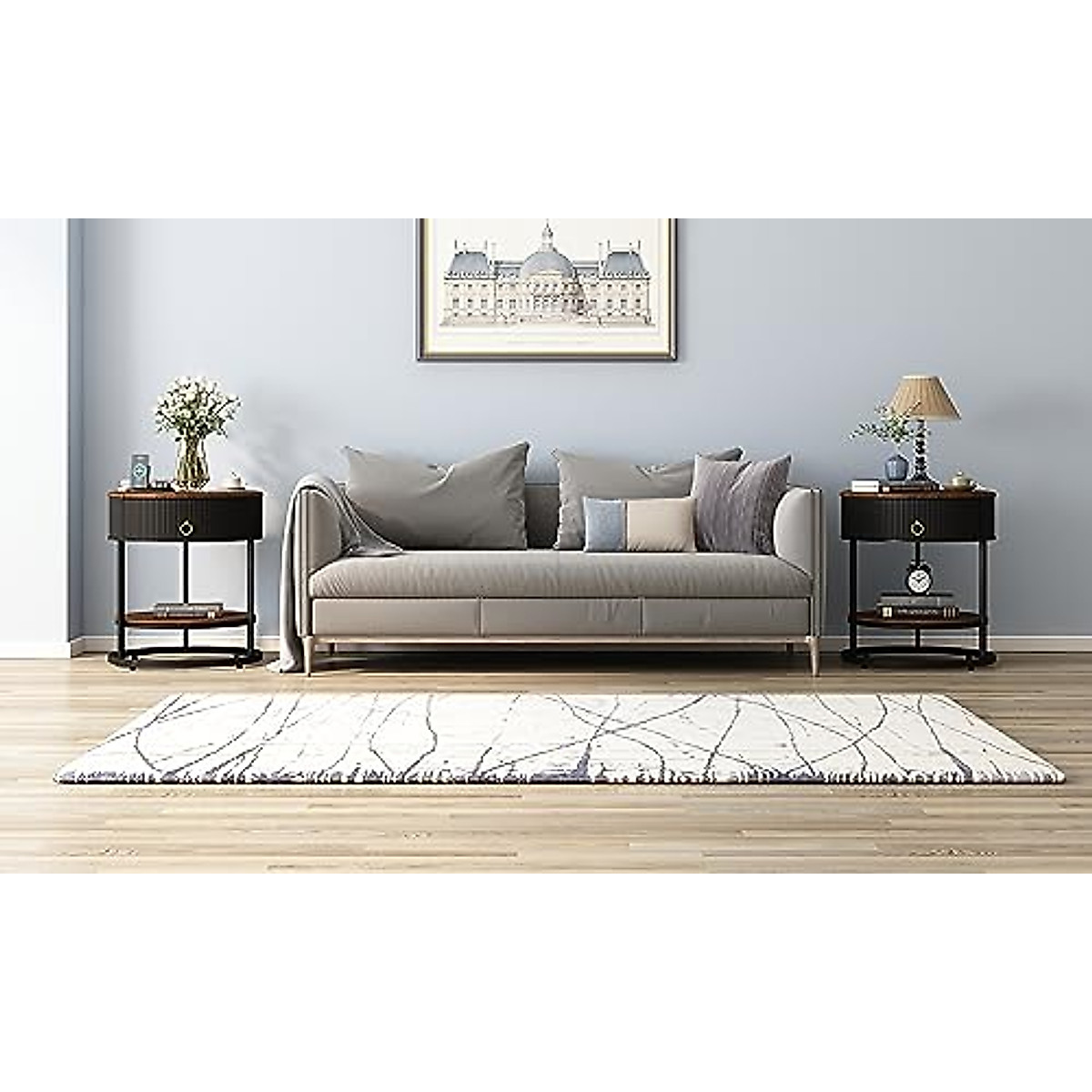 OIOG Round End Table with Drawer, Modern Wood Side Table with Shelf, 2-Tier Nightstand with Drawer for Living Room, Bedroom, Rustic Brown and Black