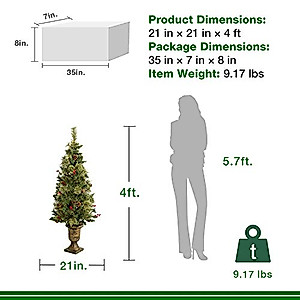 AsterOutdoor Pre-lit Christmas Tree 4ft Artificial Potted Fir with Lights Holly Berries Pine Cones Stands for Indoor Porch Table, Xmas Holiday Decoration, Easy Assembly