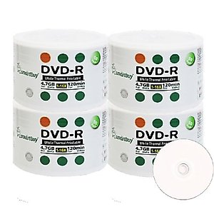 Smart Buy 200 Pack DVD-R 4.7gb 16x Thermal Printable White Blank Data Video Record Disc, 200 Disc 200pk