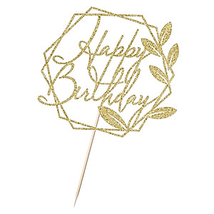 Sodasos Gold Glitter Happy Birthday Cake Topper，with leaves Glitter Birthday Party Decoration Supplie Cake Sign Party，For Man Woman Birthday Party Decoration (golden)