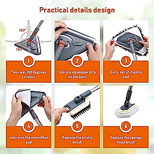 80 Inches Wall Mop with Long Handle Ceuku Wall Cleaner Mop with Extension Pole 39" to 80" Wall Duster With 3 Replacement Pad and 2 Tile Tub Brush, Wall Cleaner Mop for Cleaning Ceiling Window Tile Tub