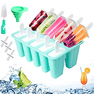 Popsicles Molds, Silicone Popsicle Mould BPA Free Ice Pop Molds Reusable 10 Cavities Popsicle Maker with Popsicle Sticks, Funnel and Cleaning Brush (Forest Green)
