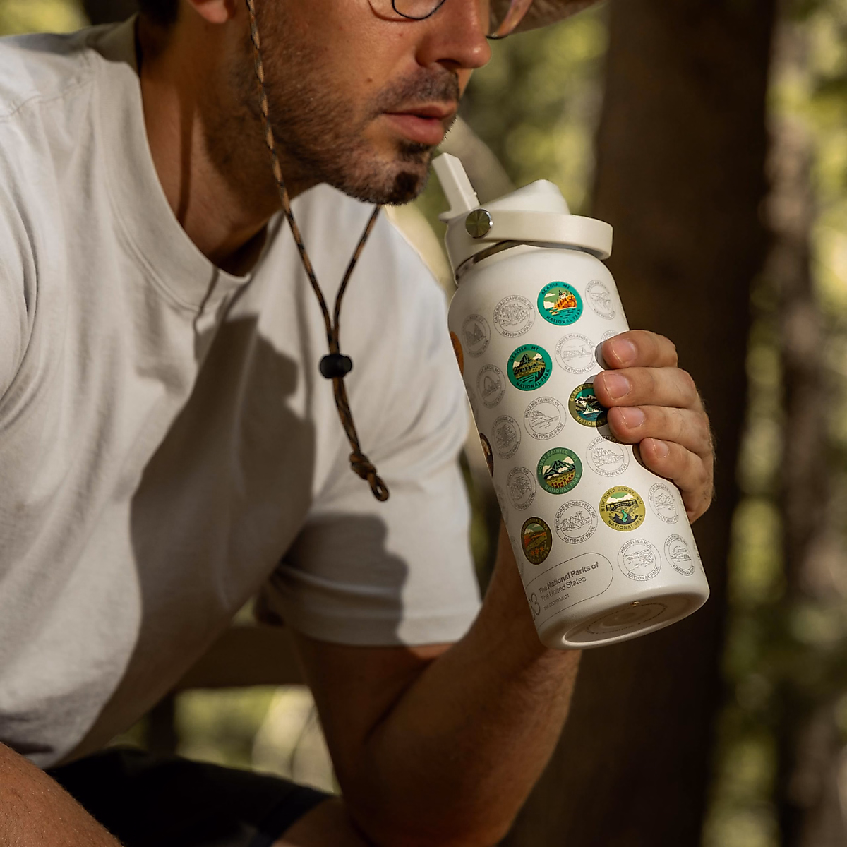 THE GEOPROJECT National Parks Water Bottle with Stickers Kit, Erikas Chesonis Collaboration, Adventure Flask with Straw, Waterproof Stickers for Water Bottle, Insulated Stainless Steel 32oz (Tan)