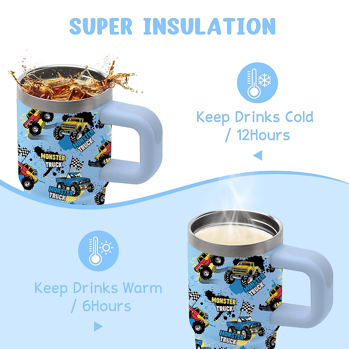 14 oz Monster Truck Tumbler with Handle and Straw for Kids, Insulated Stainless Steel Travel Mug for Toddlers Boys, Vacuum Leak Proof Reusable Tumbler, Birthday Gifts for Boys