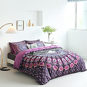 Mandala Duvet Cover King Size, 3 Pieces Soft Lightweight Microfiber Duvet Cover Set, Purple Mandala Bedding Comforter Cover Set with Zipper Ties, 1 Duvet Cover and 2 Pillowcases, No Comforter