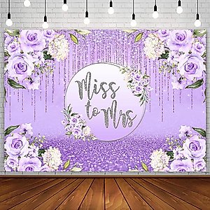 AIBIIN 7x5ft Miss to Mrs Backdrop for Bridal Shower Party Decorations Purple Glitter Floral Wedding Bride to Be Engagement Silver Shiny Bokeh Banner Photography Background Cake Table Photo Shoot Props