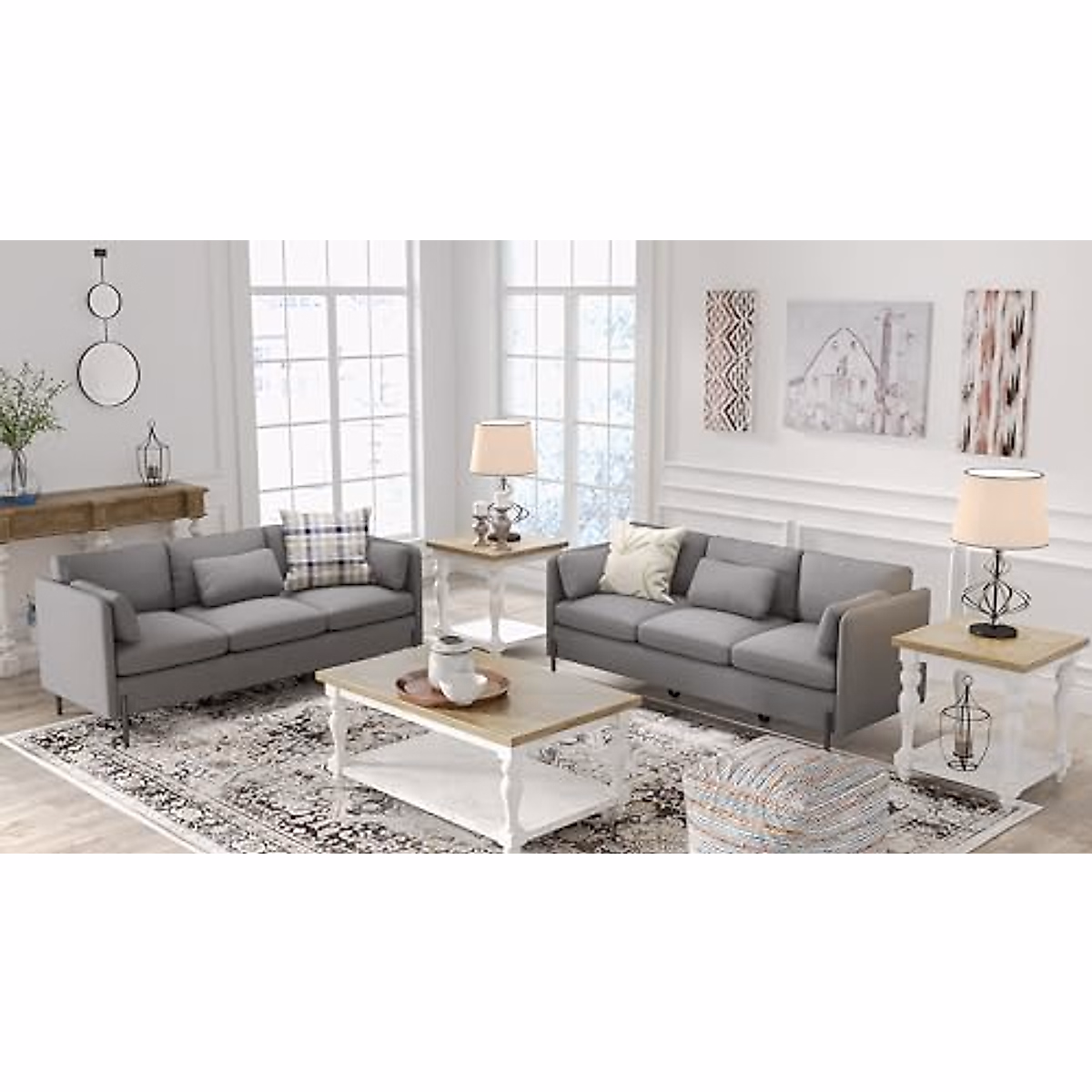 LINLUX 70 Inch Sofa Couch, 3 Seater Couches for Living Room, Comfy Sofas w/3 Pillows and Iron Legs, Fabric Sofa for Small Spaces, Bedroom, Office, Light Grey