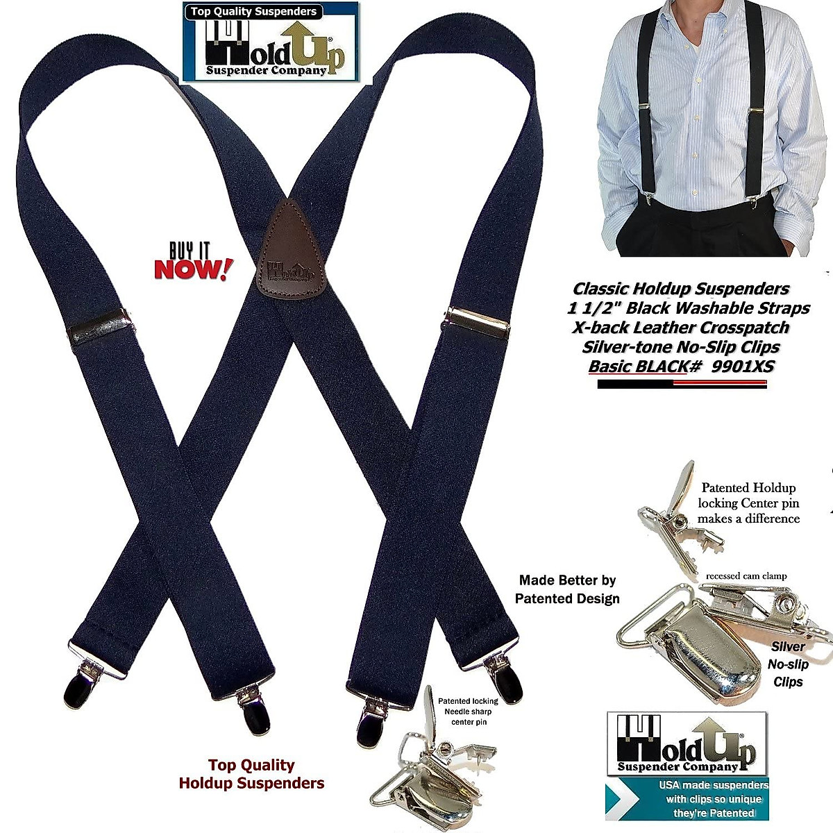 1 1/2" Wide Classic Series Holdups Suspenders for Men in X-back style w/USA Patented No-slip® Silver Clips (Black XS)