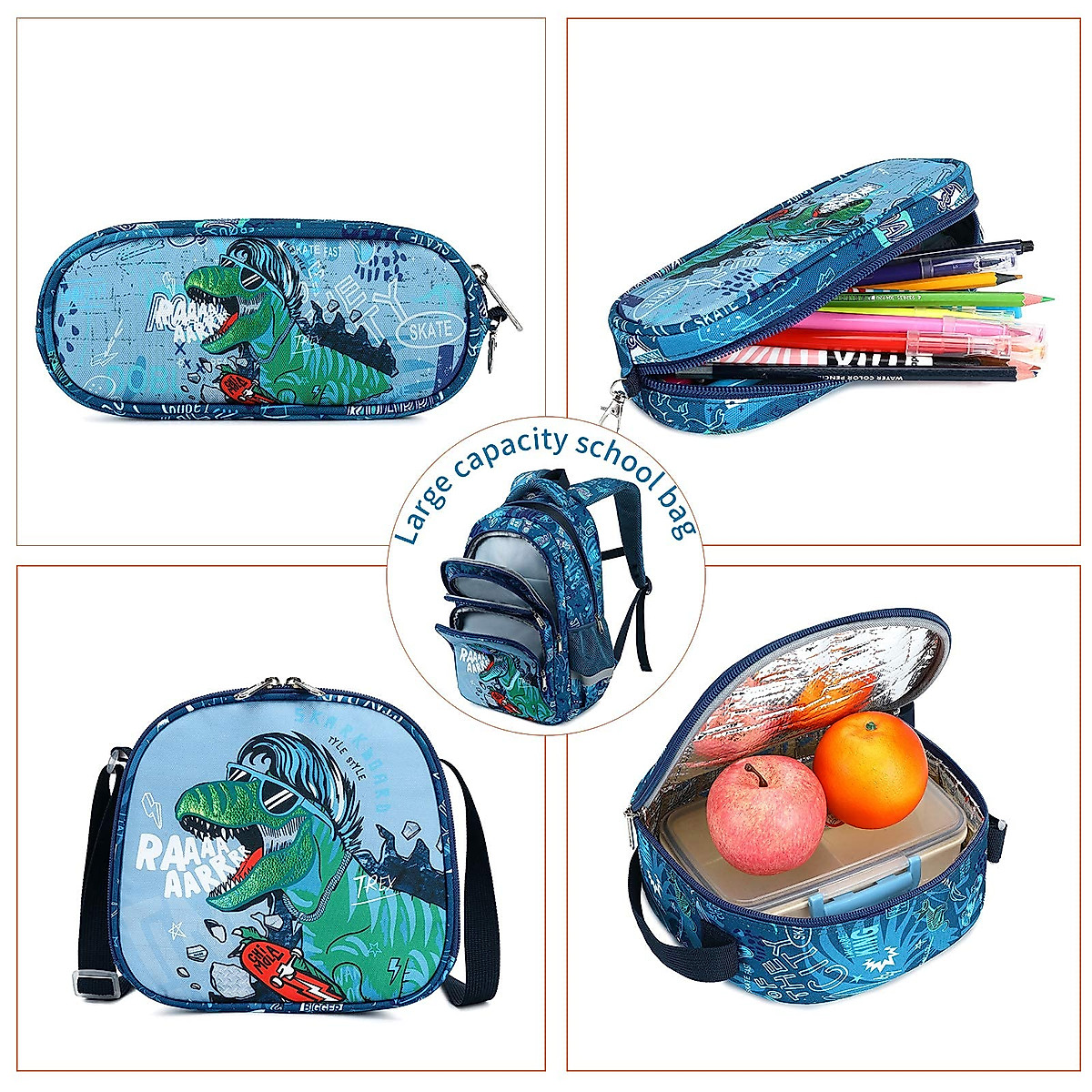 Wawakube 3Pcs Boys Dinosaur Backpack Set with Lunch Box Pencil Case, School Book Bag for Kids Elementary Preschool