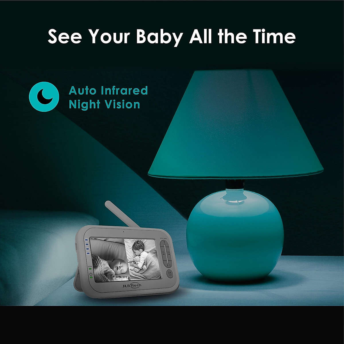 JLB7tech 5" Large Split Screen Video Baby Monitor with 2 Camera - Large Screen,Portable,Long Range,No WiFi,Auto Night Vision,Timer Setting,Lullabies,Power Saving Voice Activation,3000mAh Battery