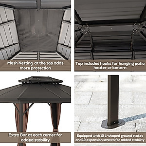 Outsunny 10' x 12' Hardtop Gazebo with Curtains and Netting, Permanent Pavilion Metal Double Roof Gazebo Canopy with Aluminum Frame and Hooks, for Garden, Patio, Backyard, Brown