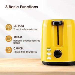 iSiLER 2 Slice Toaster, 1.3 Inches Wide Slot Bagel Toaster with 7 Shade Settings and Double Side Baking, Compact Bread Toaster with Removable Crumb Tray, Defrost Cancel Function Yellow