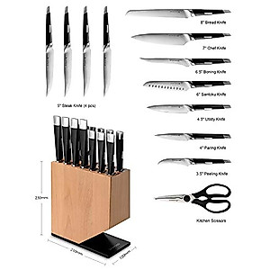 Linoroso Knife Set, 13-Piece Kitchen Knife Set with Block Sharp Chef Knife Set, German High Carbon Stainless Steel Knife Block Set with Beech Block with Black Oxide Stainless Steel Base