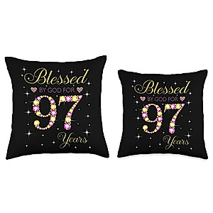 Blessed by God 97th Birthday Gift for Ladies Blessed by God for 97 Years Old 97th Birthday Gift for Women Throw Pillow, 18x18, Multicolor