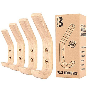 Pack of 4 Wooden Wall Hooks, Decorative Natural Wood Coat Hanger, Mounted Towel Rack for Hanging Jacket, Bags, Backpacks, Mugs, Keys, Fishhook-Shaped Hat Organizers for Entryway, Living Room (Natural)