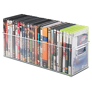 mDesign Plastic Video Game Organizer - Game Storage Holder Bin with Handles for Media Console Stand, Closet Shelf, Cabinets, Bookshelves - Holds Disc, Video Games - Ligne Collection - Clear