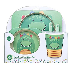 Little Me 5-Pack Bamboo Dinnerware Set - Dishwasher Safe Kids Dishes & Utensils - Dinosaur Plate, Bowl, Cup, Spoon & Fork