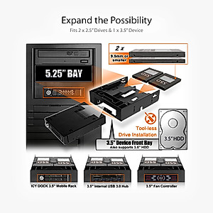 ICY DOCK Dual 2 Bay 2.5 inch HDD/SSD & 1 x 3.5 HDD/Device Front Bay to 5.25" Bay SSD Mounting Bracket Adapter | Flex-FIT Trio MB343SP