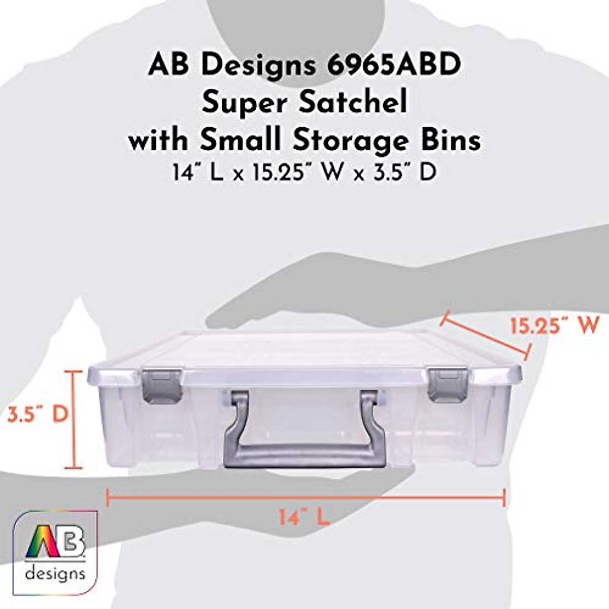AB Designs 6965ABD Super Satchel with 9 Small Bins Inside, Stackable Home Storage Organization Container, Clear with Sliver Latches and Handle