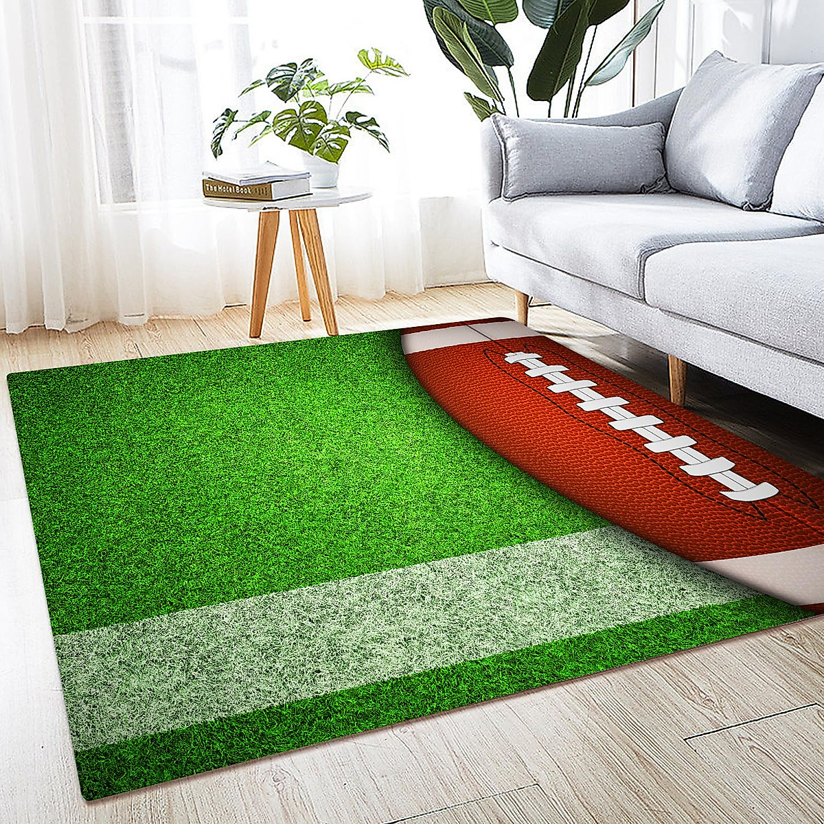 QH American Football Green Grass Area Rug 5'x6' Floor Mats Washable Non-Slip Large Rugs for Living Room Kitchen Bedroom Dining Room Outdoor Home Decor