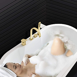 WATHELS Modern 4-Hole Waterfall Brushed Gold Bathtub Faucet Bathroom Roman Tub Filler Solid Brass Tub Faucet with Handheld Shower