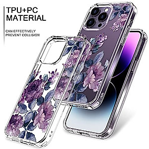 Bicol Hybrid iPhone 14 Pro Max Case Clear Fashion Designs Phone Cover for Women Girls, Stylish Slim Shockproof Hard PC+TPU Bumper Flower Protective Phone Case for iPhone 14 Pro Max 6.7" Purple Flowers