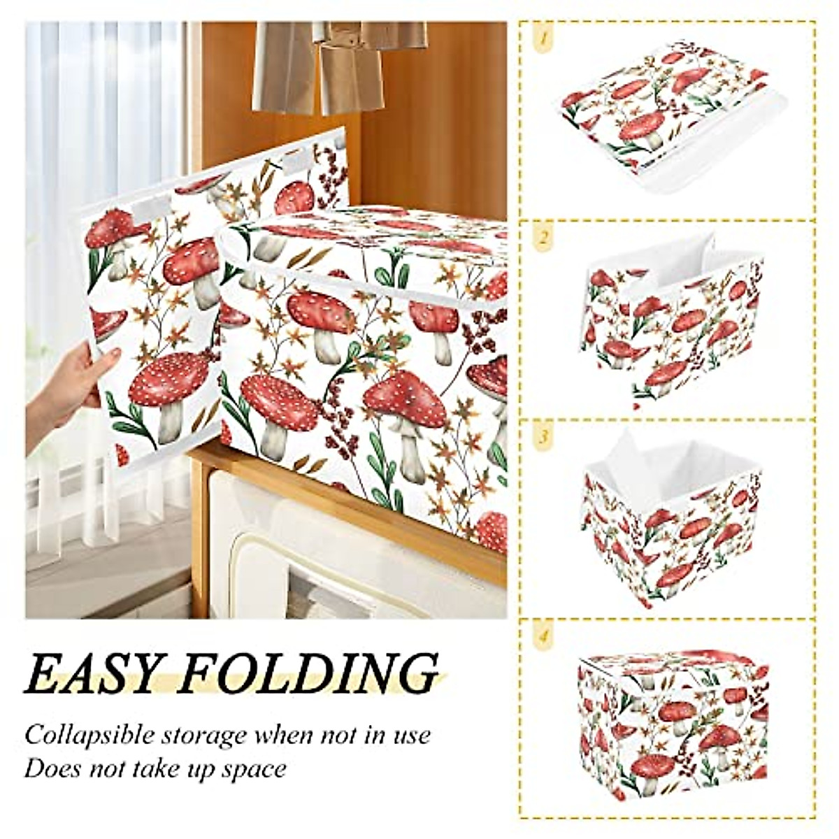 Mushroom Leaves Storage Basket 16.5x12.6x11.8 In Collapsible Fabric Storage Cubes Organizer Large Storage Bin with Lids and Handles for Shelves Bedroom Closet Office