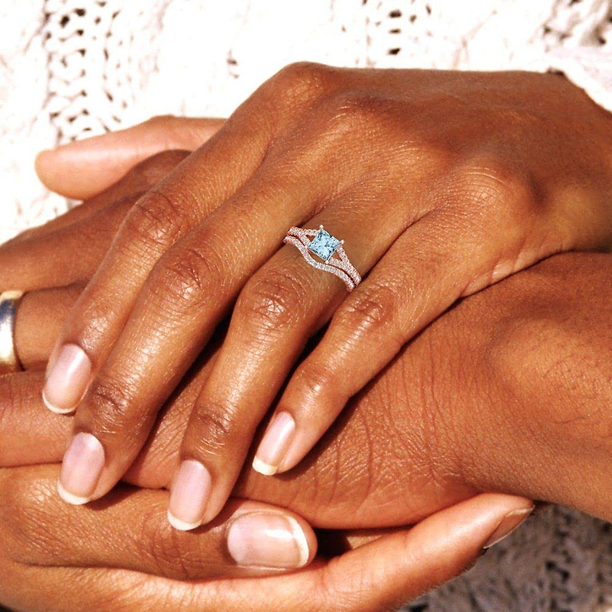 Clara Pucci 2.01ct Princess Cut Solitaire Real Aquamarine Engagement Promise Anniversary Bridal Ring Band set Curved 18K Rose Gold 9.25