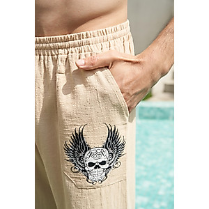 Miaikvs Men's Print Cotton Linen Casual Pants with Elastic Waistband - Soft, Breathable, and Loose-Fit Summer Pants (US, Alpha, Large, Regular, Regular, Skeleton Khaki)