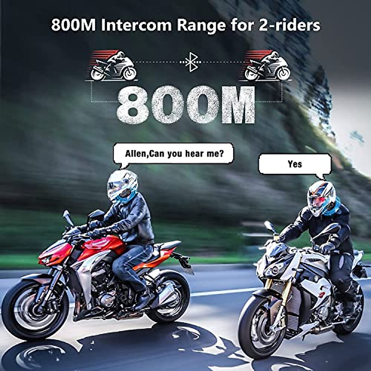 G G-WEI Motorcycle Bluetooth Headset Intercom 800M 2 Riders Motorbike Headphone IP65 Waterproof Interphone Communication System for Full Face Helmet, Flip-up Helmets (2 Pack)