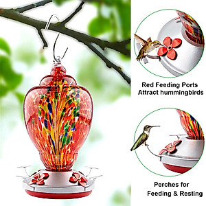 WOSIBO Hummingbird Feeder for Outdoors Patio Large 32 Ounces Colorful Hand Blown Glass Hummingbird Feeder with Ant Moat Hanging Hook, Rope, Brush and Service Card (RED-Firework)