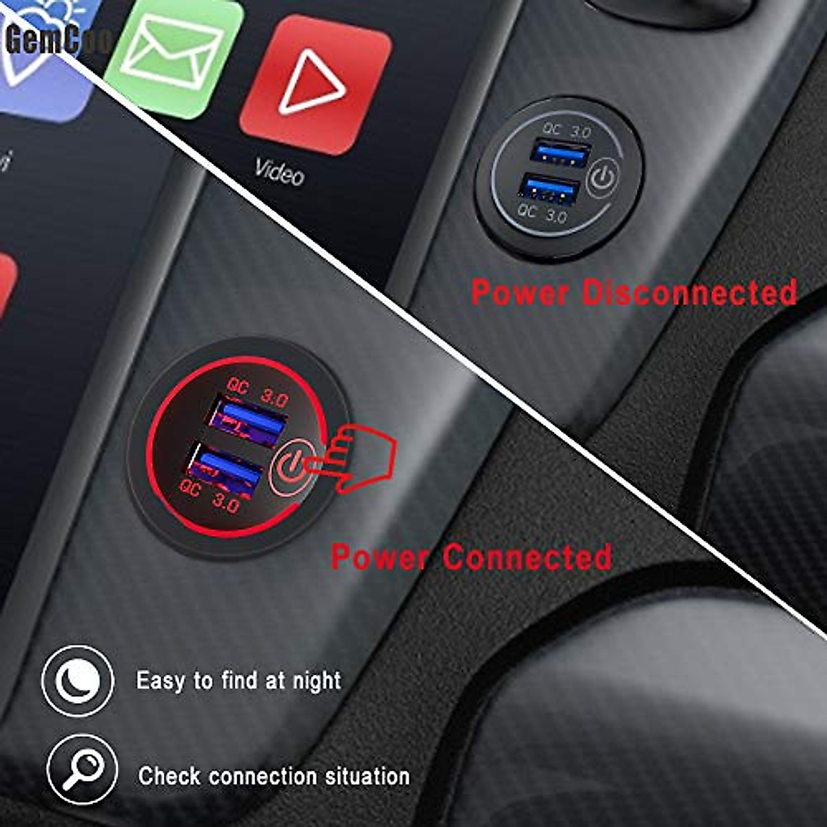 Quick Charge 3.0 Dual USB Car Charger Socket with Touch Switch 12V/24V 36W QC3.0 Dual USB Fast Charger Socket Power Outlet for Marine, Boat, Motorcycle, Truck, Golf Cart(Red)