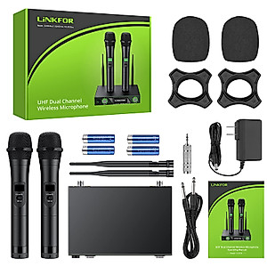 LiNKFOR Wireless Microphone, UHF Wireless Karaoke Microphone System, Professional Dual Cordless Microphone 196ft Transmission Range, Wireless Mic for Church, Wedding, Conference, Party