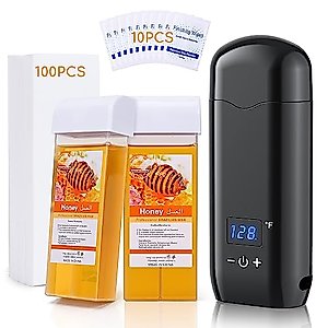 Roll On Wax Kit, Wax Roller Kit for Hair Removal, Depilatory Wax Roller Kit Includes 2 Honey Soft Wax Cartridge & 100 Non-Woven Wax Strips, Portable Wax Heater Machine for Women & Men