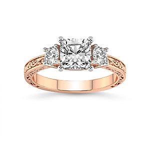 3 ct IGI Certified Cushion Shape Lab Grown Diamond Ring | 14K Or 18K White, Yellow Or Rose Gold | Valencia Three Stone Vintage Ring | FG-VS1-VS2 Quality Friendly Diamonds