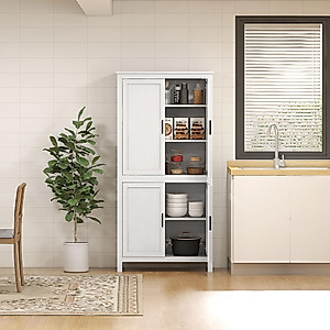 HOMCOM 64" Kitchen Pantry Cabinet, Freestanding Storage Cabinet with 4 Doors and 3 Adjustable Shelves for Dining Room, White