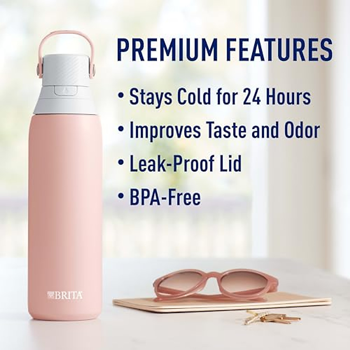 Brita Stainless Steel Premium Filtering Water Bottle, BPA-Free, Reusable, Insulated, Replaces 300 Plastic Water Bottles, Filter Lasts 2 Months or 40 Gallons, Includes 1 Filter, Rose - 20 oz.