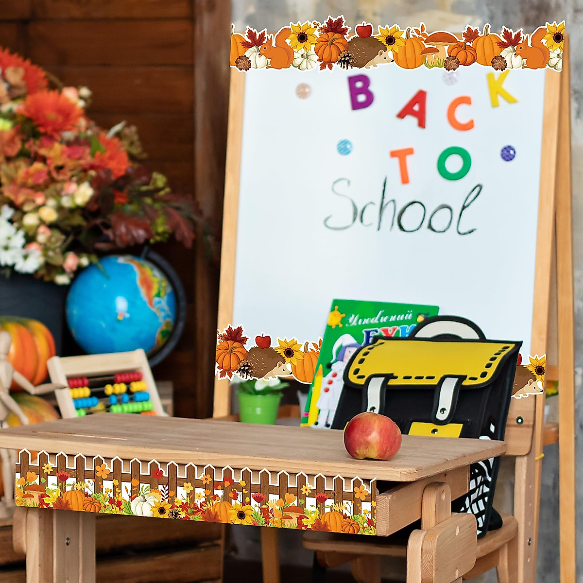 Whaline 69FT Fall Bulletin Board Borders Autumn Fence Flower Border Trim Self-Adhesive Pumpkin Fall Leaves Squirrel Hedgehog Board Decal Stickers for School Classroom Wall Thanksgiving Decor
