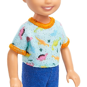 Barbie Chelsea Doll, Small Boy Doll Wearing Removable One-Piece with Dinosaur Print & White Shoes, Blond Hair & Blue Eyes