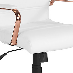 EMMA + OLIVER Mid-Back White LeatherSoft Executive Swivel Office Chair - Rose Gold Frame/Arms