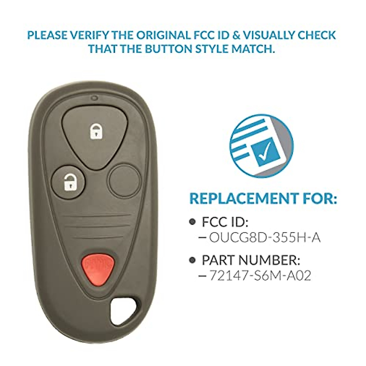 Keyless2Go Replacement for 3 Button Remote Acura OUCG8D-355H-A 72147-S6M-A02
