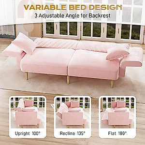 Nolohoo Velvet Futon Sofa Bed, Futon Couch, Small Sofa 75.3" Upholstered Comfy Loveseat Sleeper Sofa with Adjustable Armrests, Mid Century Couches for Living Room, Bedroom, Pink, Velvet
